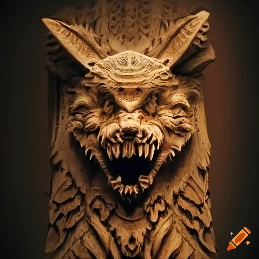 Carving of a moth werewolf motif on Craiyon