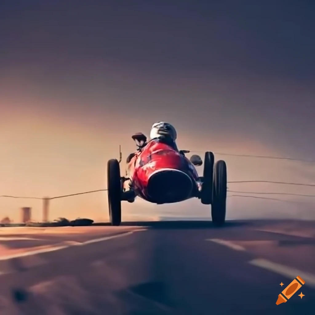 Historic racing car jumping over a bridge on Craiyon