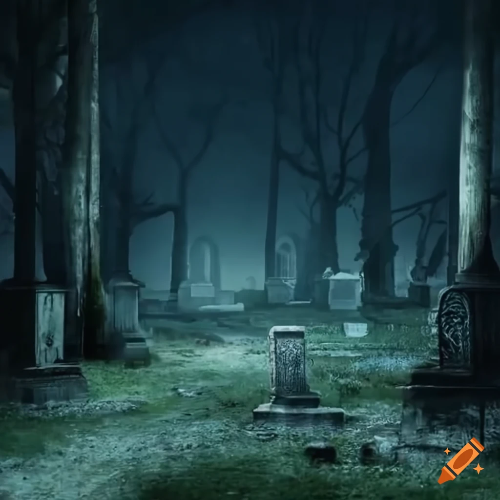 Realistic night abandoned cemetery on Craiyon