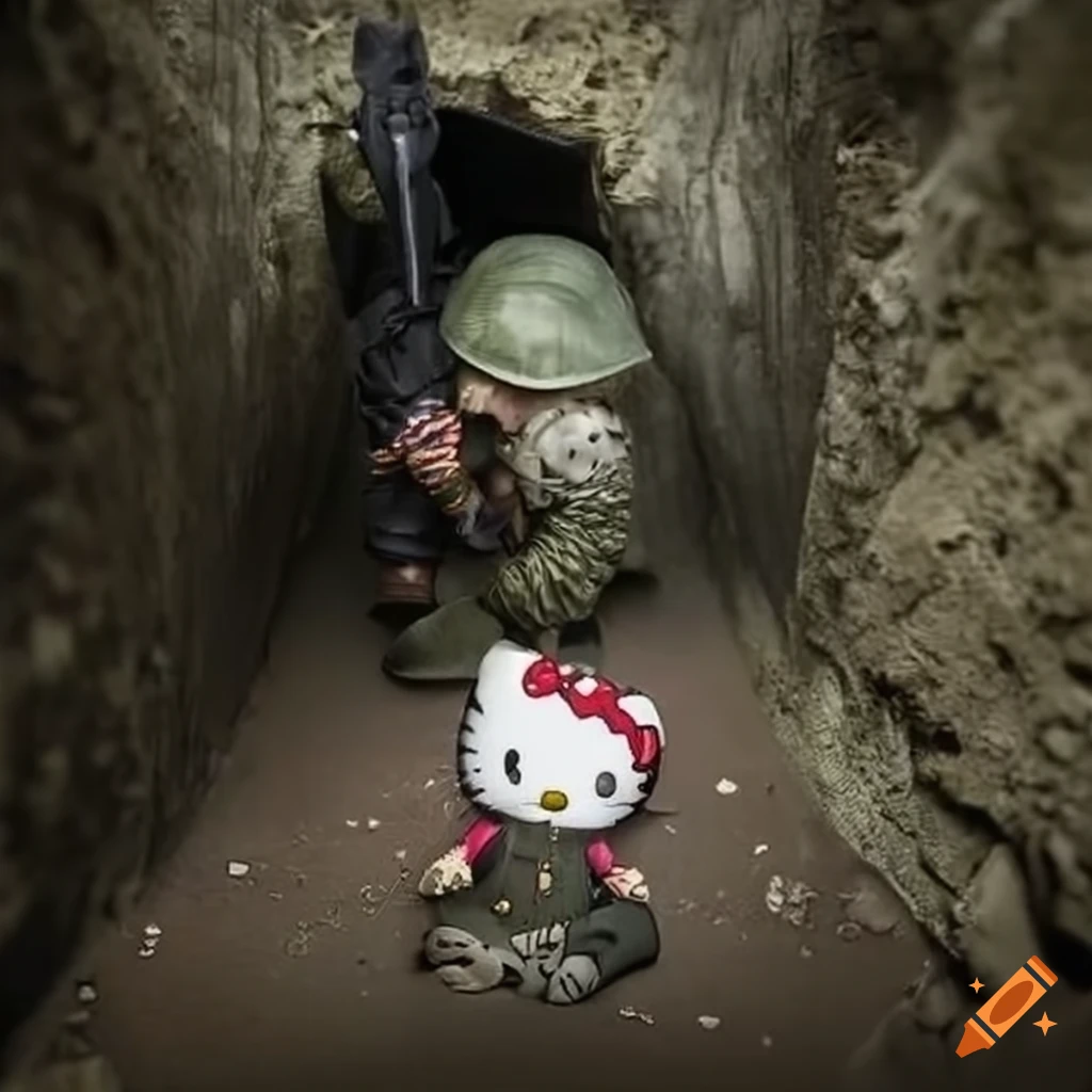 Artistic representation of Hello Kitty in a war trench on Craiyon