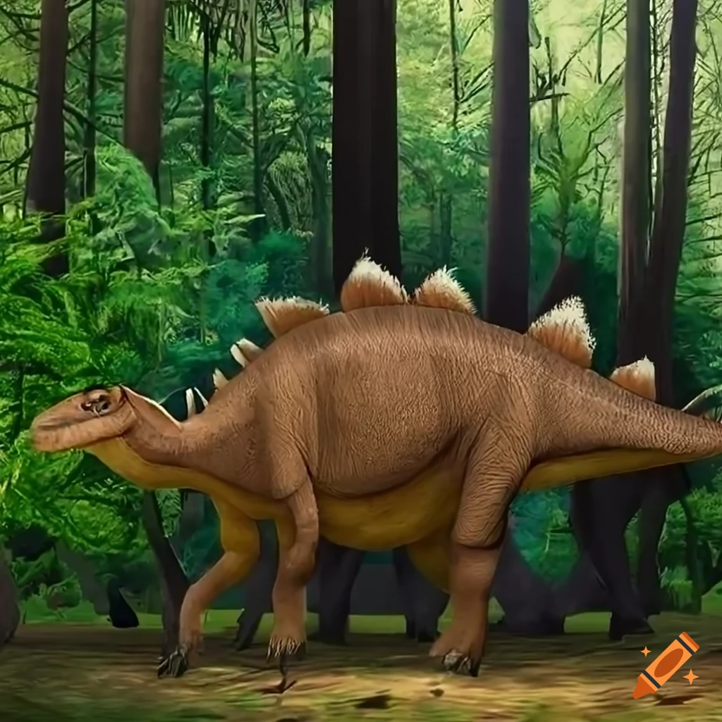 Stegosaurus with unique color pattern in forest clearing on Craiyon