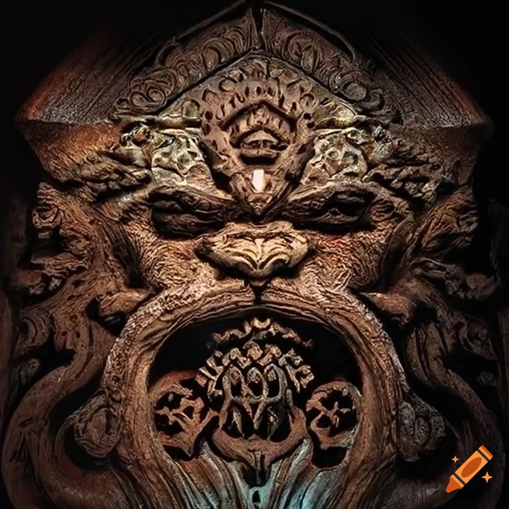 Detailed carving of a moth in architectural stave style on Craiyon