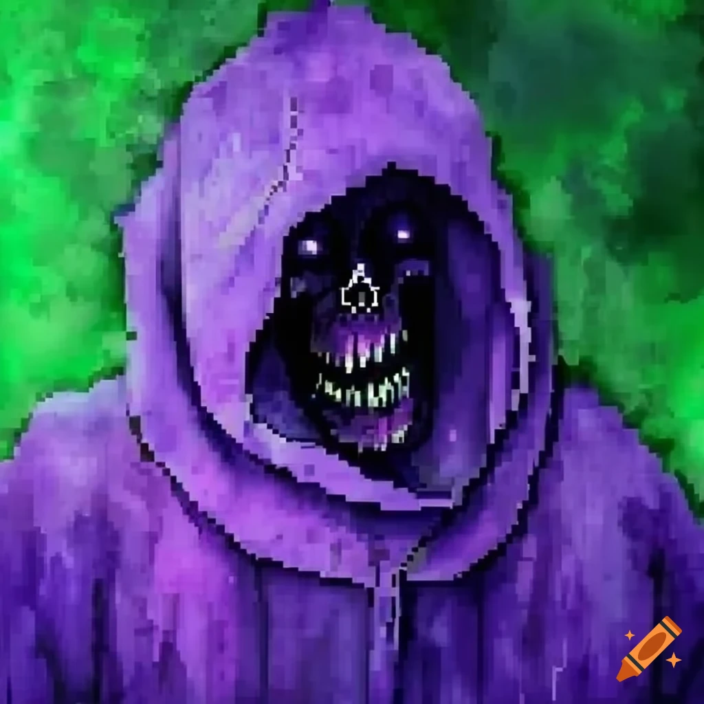 Pixel art of a frightening skeleton in black, green, and purple on Craiyon