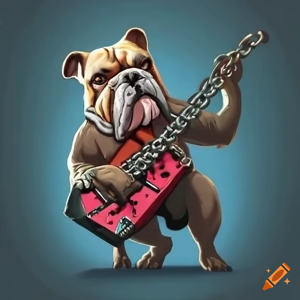 Bulldog playing an electric guitar with chains