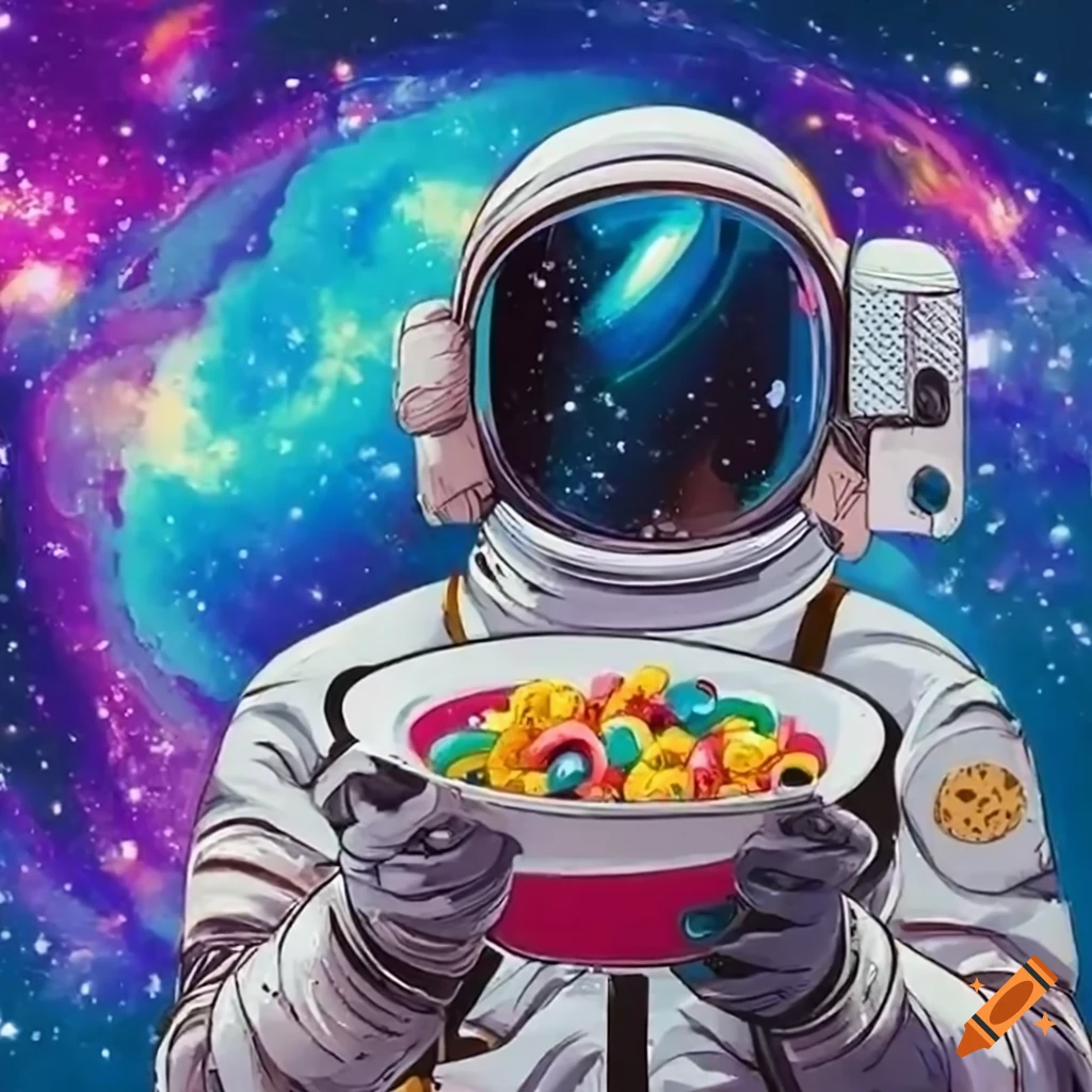 Cartoon astronaut holding a bowl of colorful cereal on Craiyon