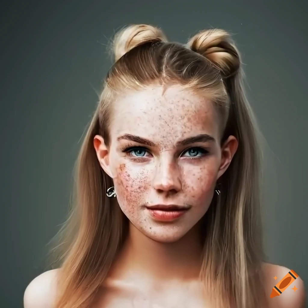 Beautiful young woman shoulder-length blonde dhair very light freckles ...