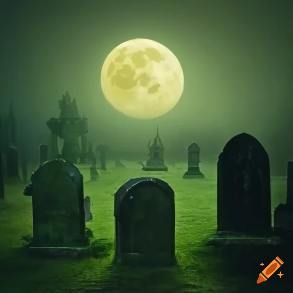 Eerie graveyard with green fog and a yellow moon
