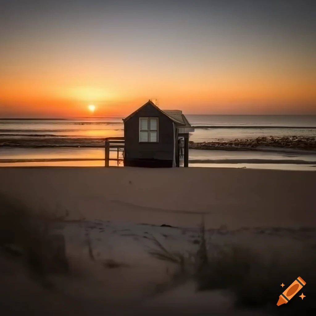 Sunset at the coast of the netherlands with a cozy house on Craiyon
