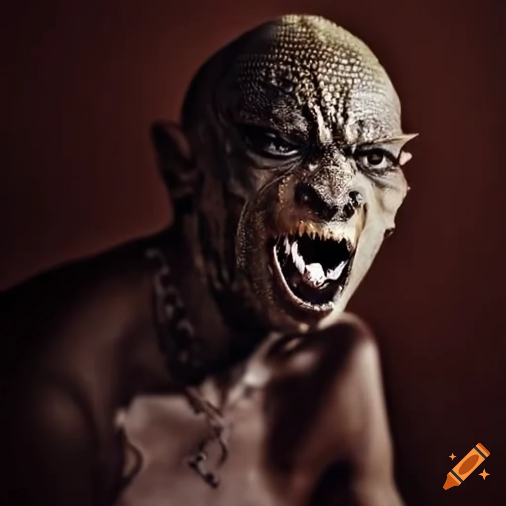 Lizard man laughing on the ground