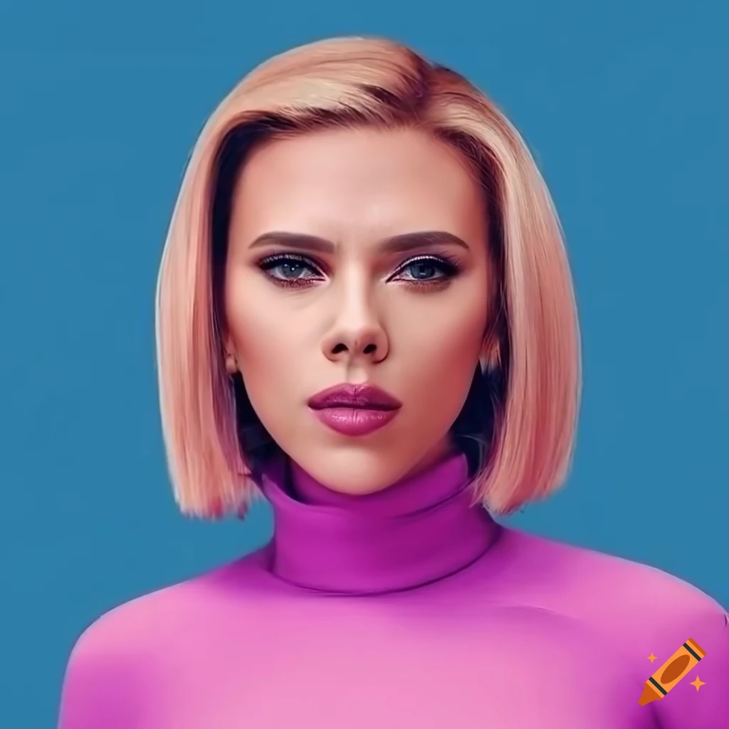 Scarlett johansson with pink turtleneck and straight bob haircut