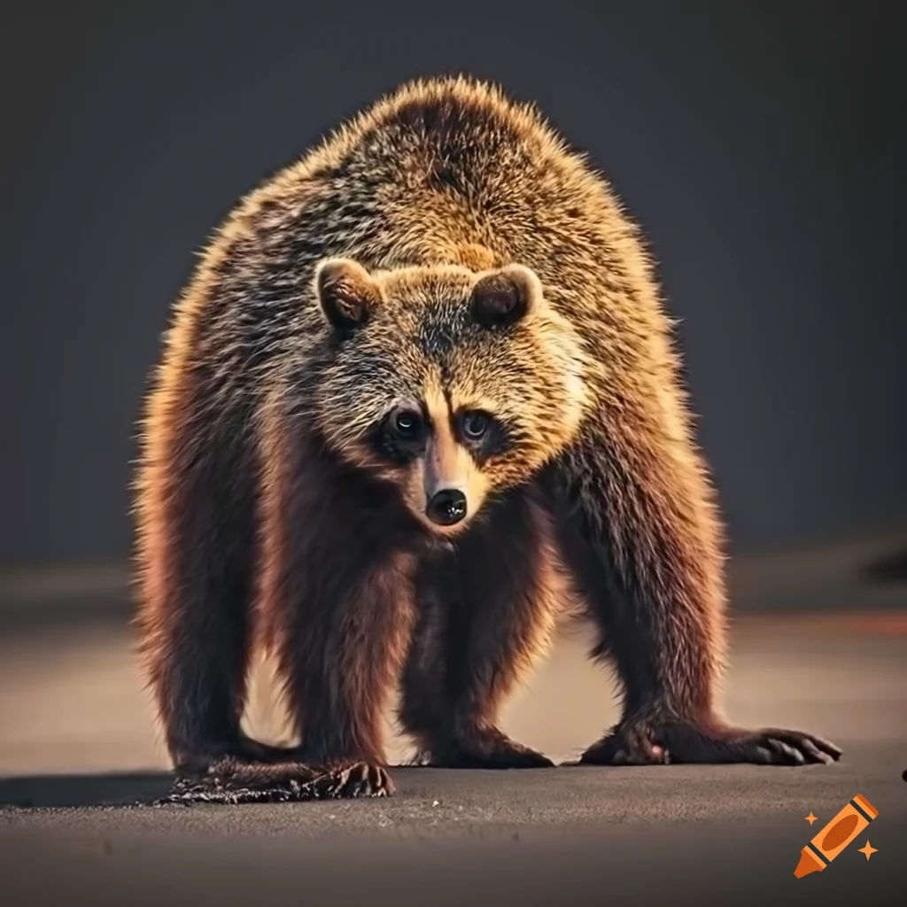 A unique bear with raccoon features in a nocturnal setting on Craiyon