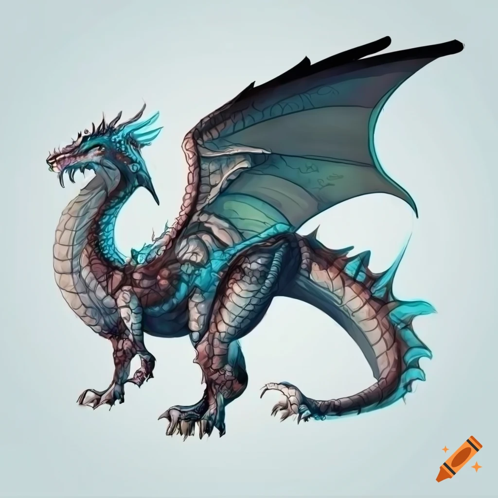 Detailed side view illustration of a dragon with wings on Craiyon