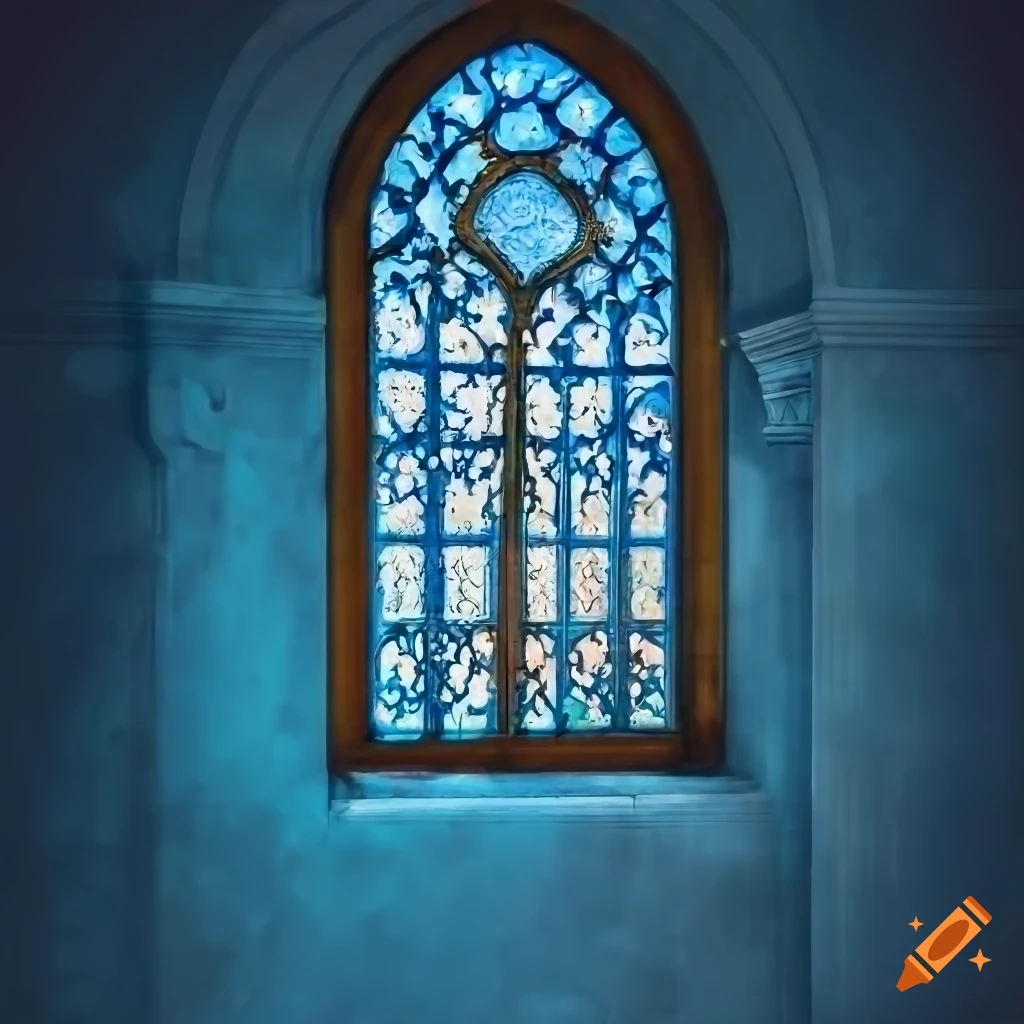 Blue gothic window with intricate islamic ornaments