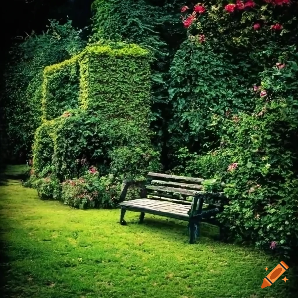 Night garden with hidden bench surrounded by roses