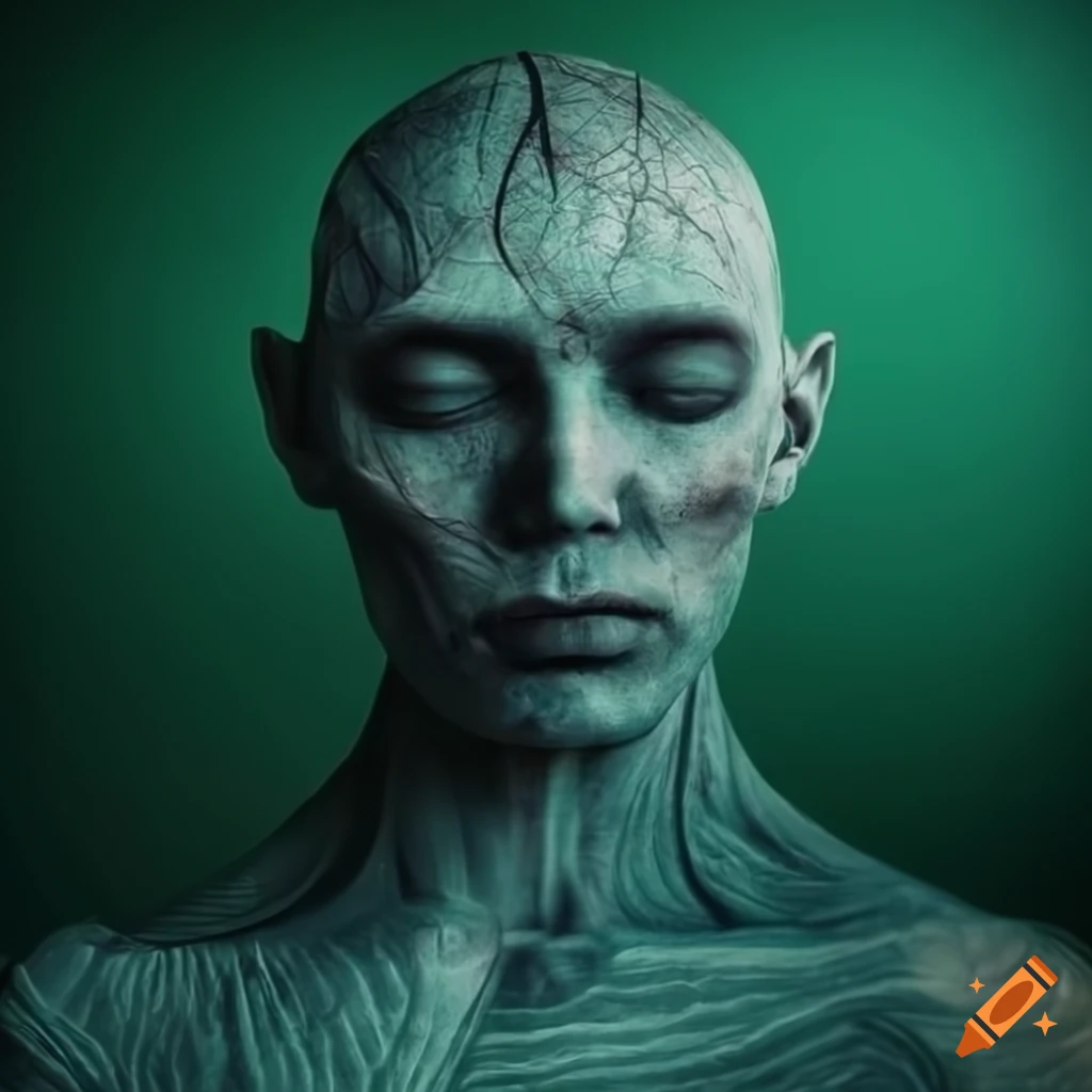 Abstract art of a man with wooden skin on a green background on Craiyon
