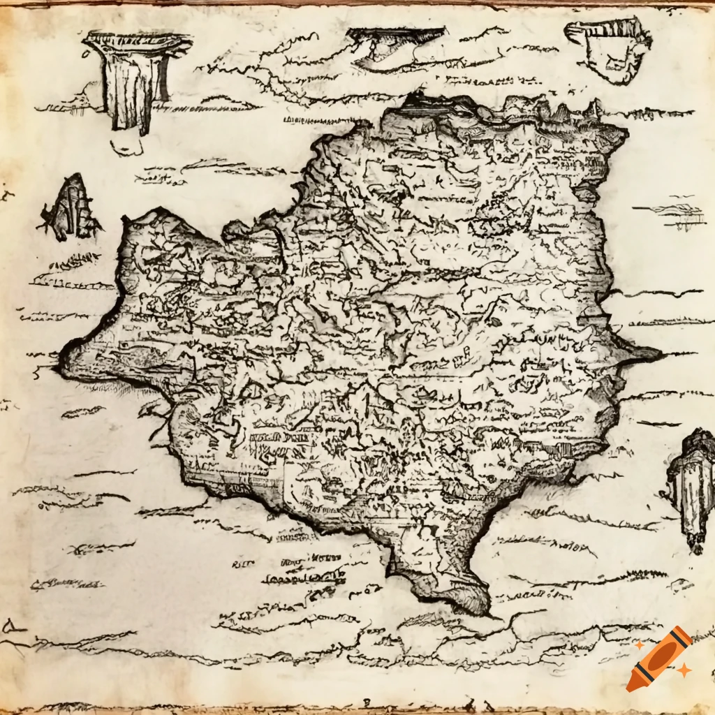 Black and white pencil drawing of a medieval map on Craiyon