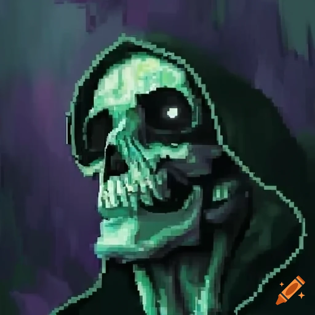 Pixel art of a frightening skeleton in a hood with horns on Craiyon