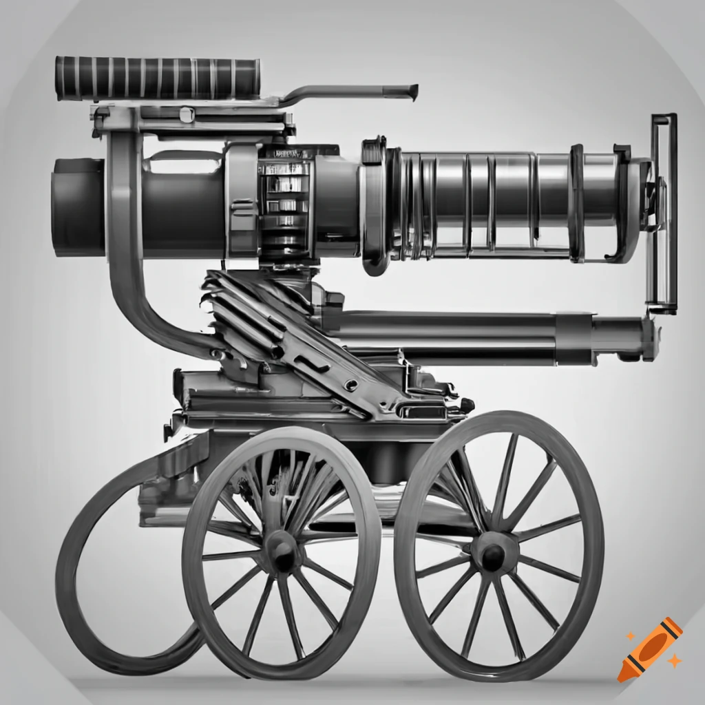 Side view line art of a realistic gatling gun on Craiyon