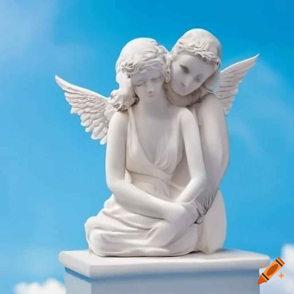 White plaster statues of hugging angels on Craiyon