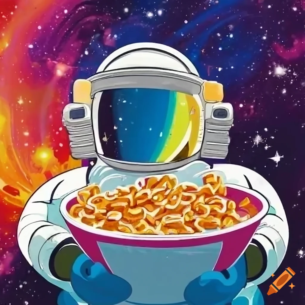 Cartoon astronaut holding a bowl of colorful cereal on Craiyon