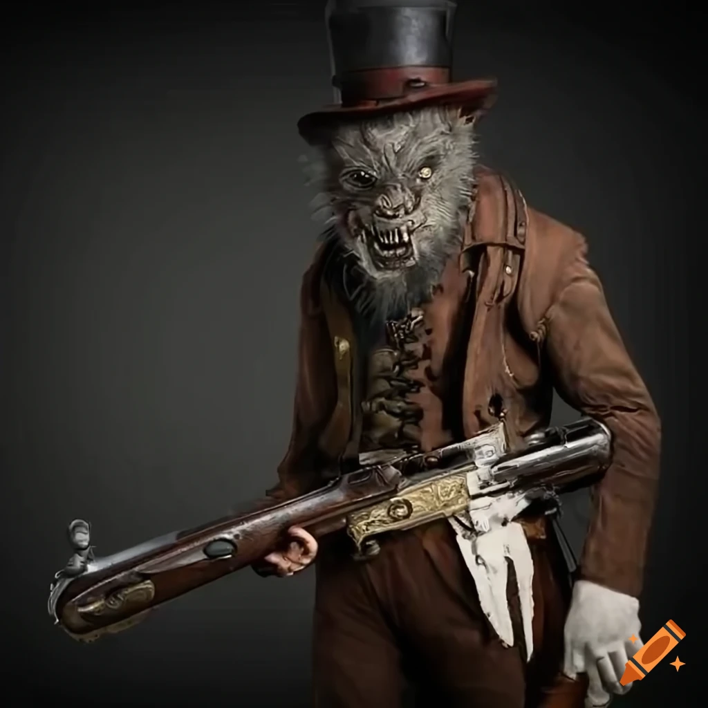 Steampunk werewolf holding a flintlock pistol on Craiyon