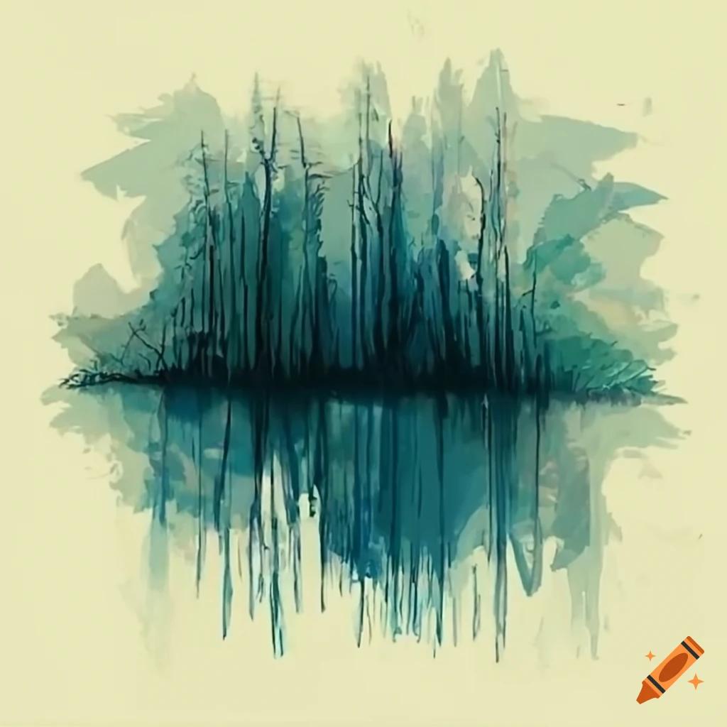 Stylistic forest with square cut trees, fountains, and geometric clouds ...