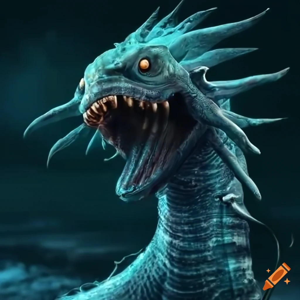 8k image of a sea monster adorned with a shell necklace