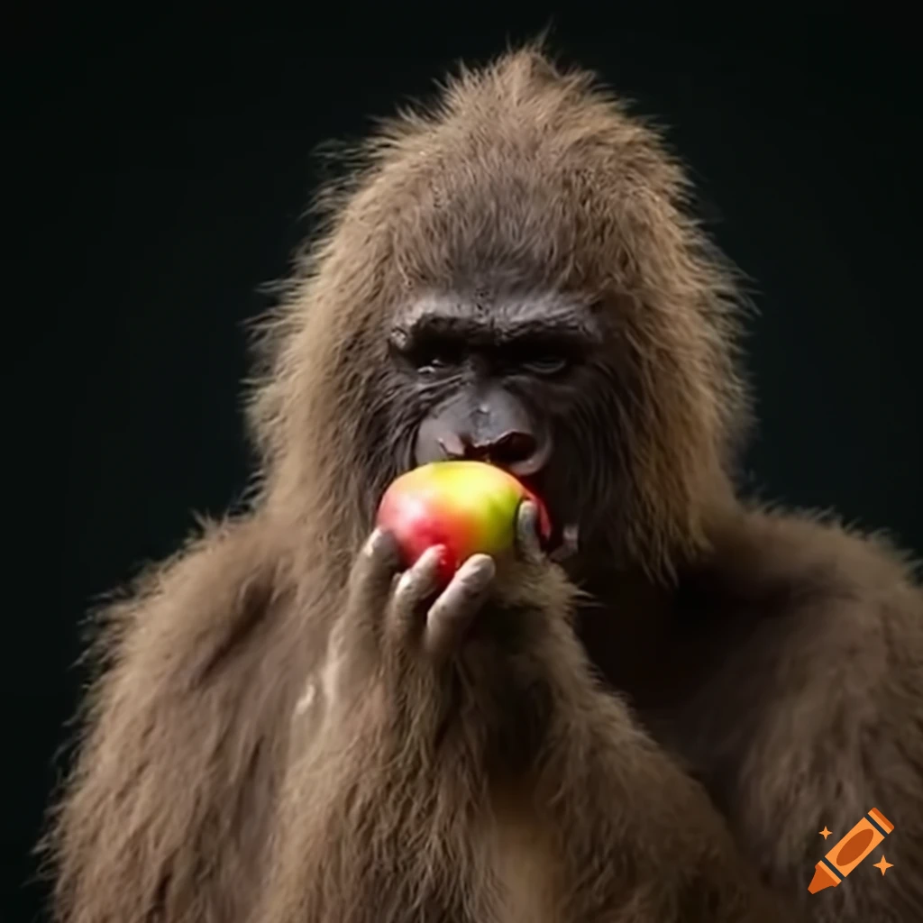 Humorous illustration of bigfoot eating an apple on Craiyon
