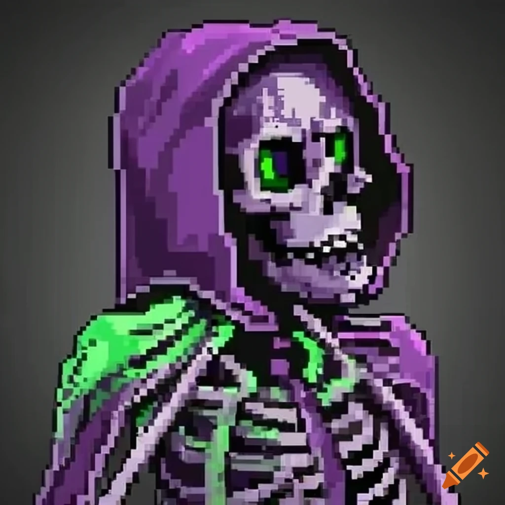 Pixel art of a frightening skeleton with green and purple colors