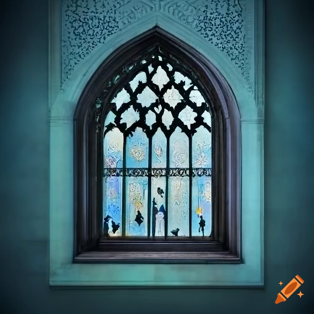 Blue baroque gothic window with islamic art ornaments on Craiyon