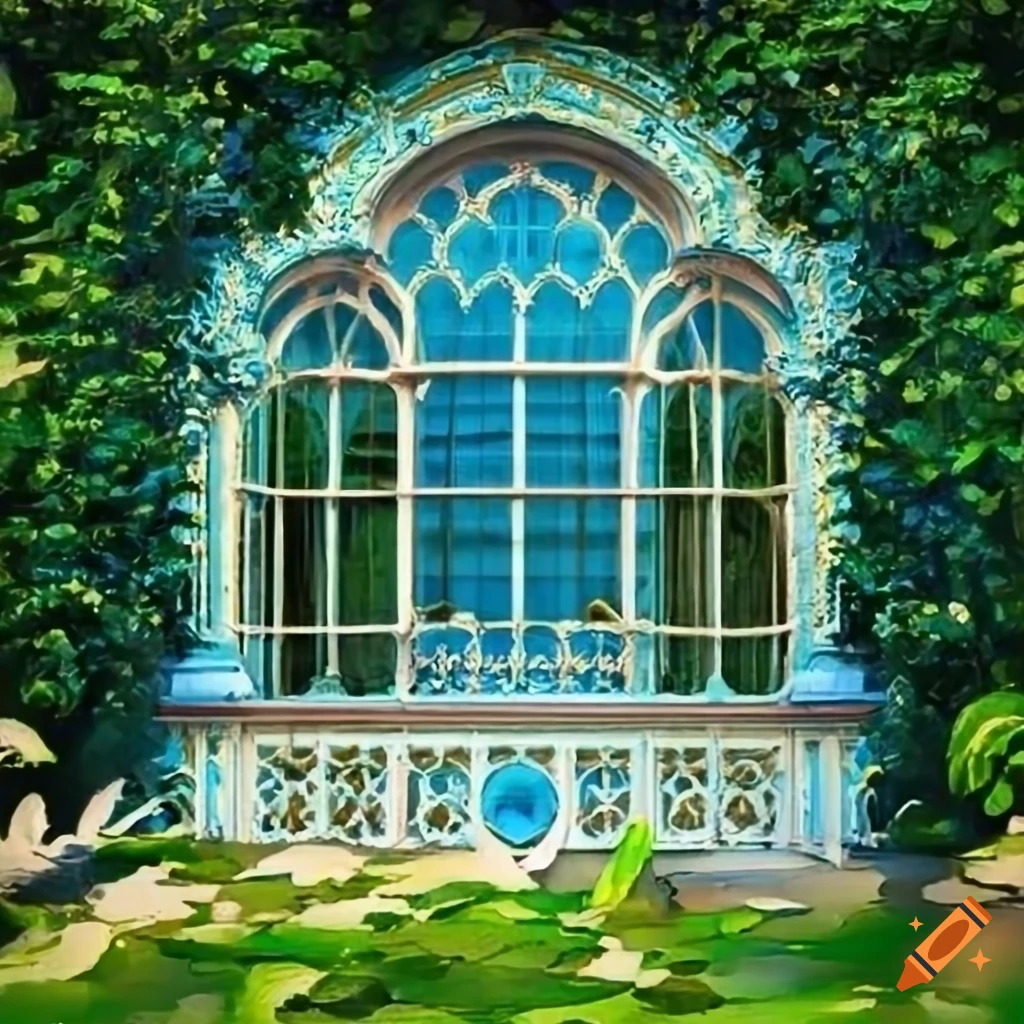 Blue gothic window in rococo garden