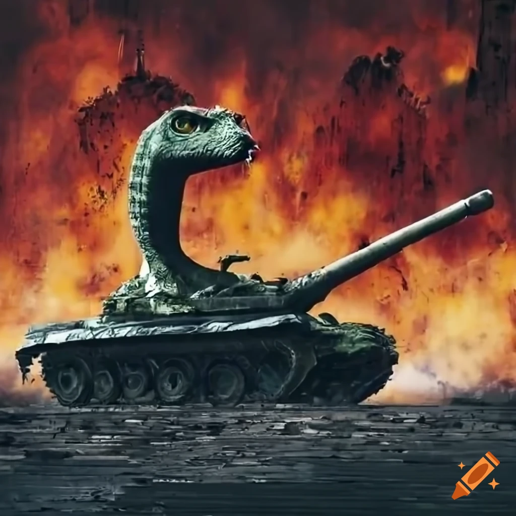 Artwork of a dinosaur in a tank with explosive background on Craiyon