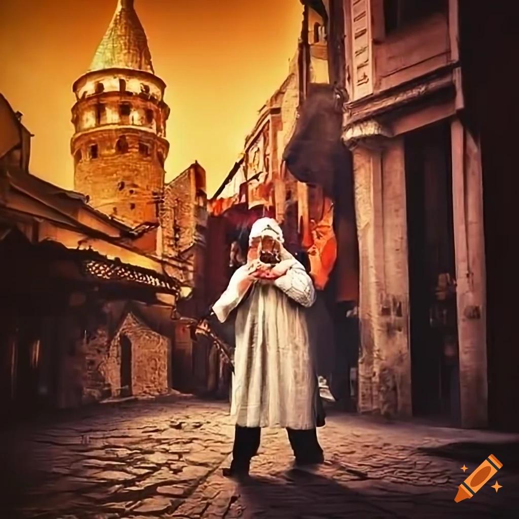 Merchant in traditional Turkish dress in front of Galata tower in ...