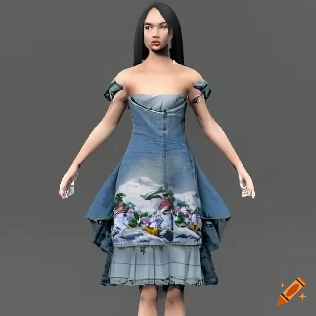 High res 3D rendering of a silk dress with denim-colored print on Craiyon