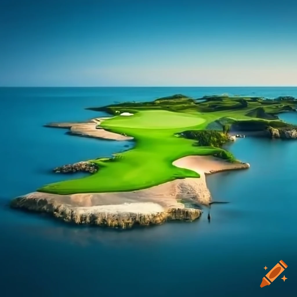 Golf hole by the sea on a foggy morning on Craiyon