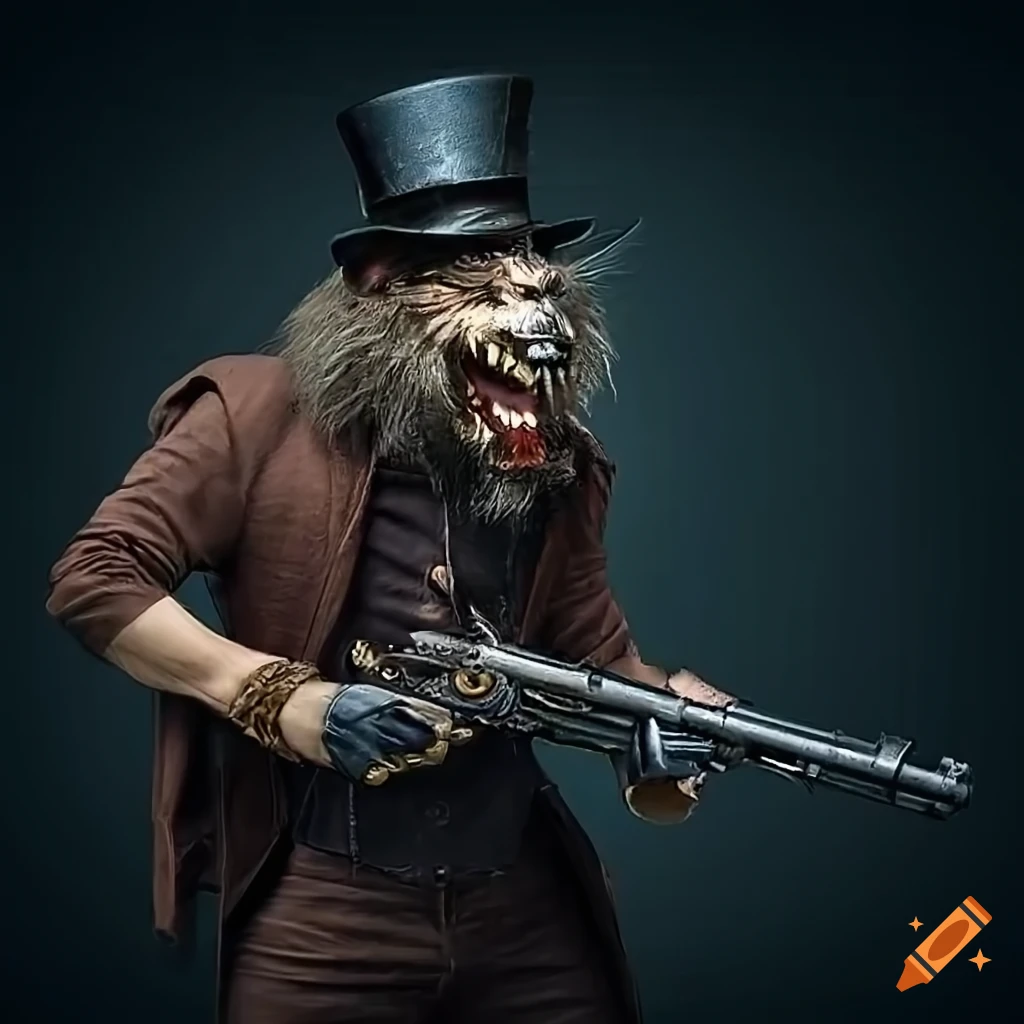 Steampunk werewolf holding a flintlock pistol on Craiyon