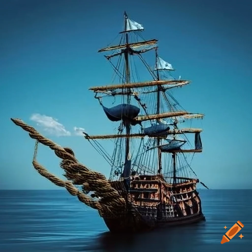 Side view of a pirate ship with visible shrouds and ropes on Craiyon