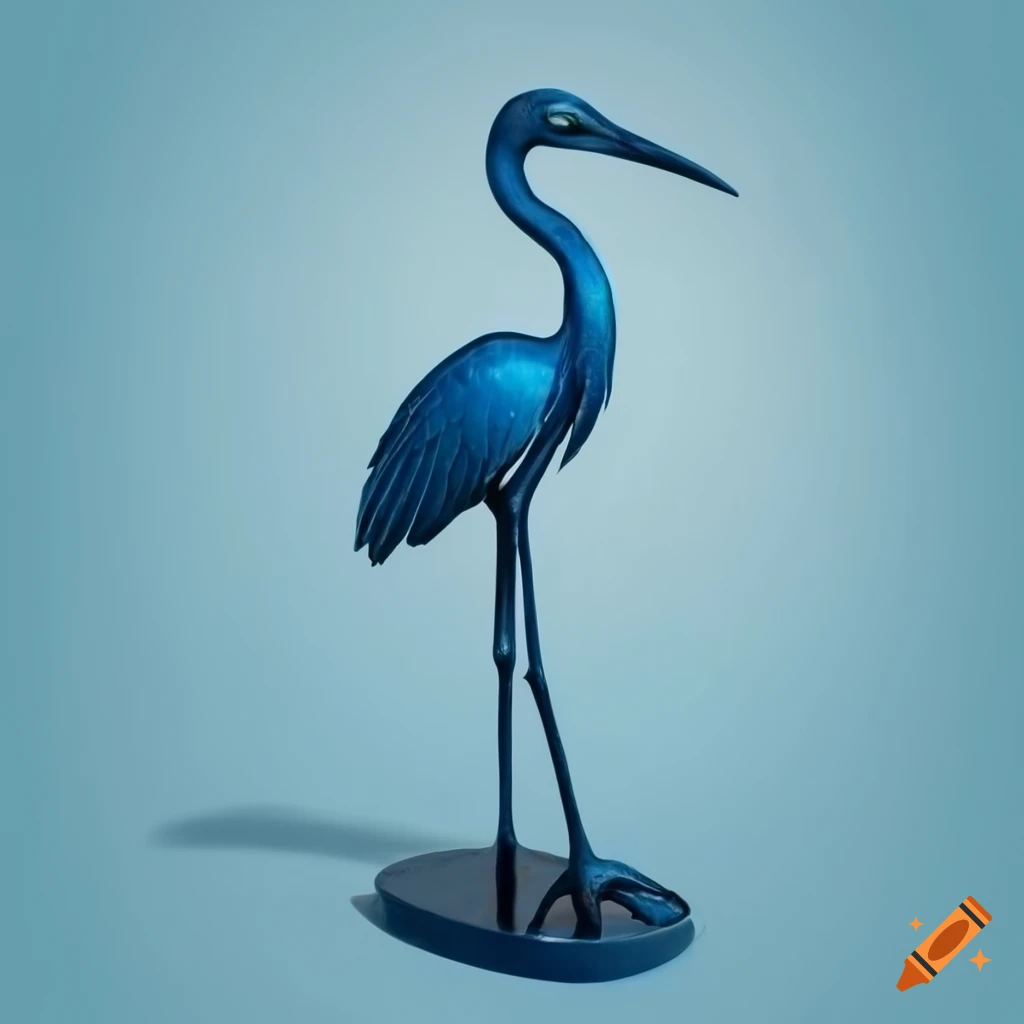 Shiny blue metal heron statue on Craiyon