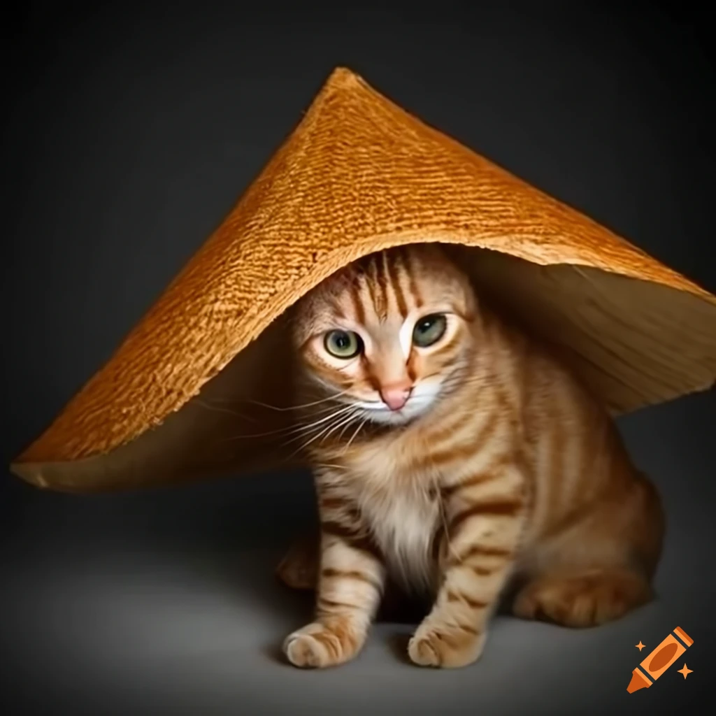 Orange tabby cat wearing a rice hat on Craiyon