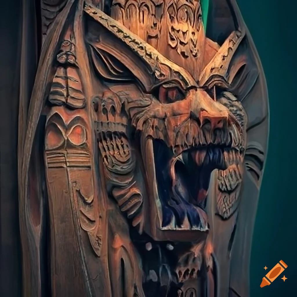 Detailed carving of a moth in architectural stave style on Craiyon