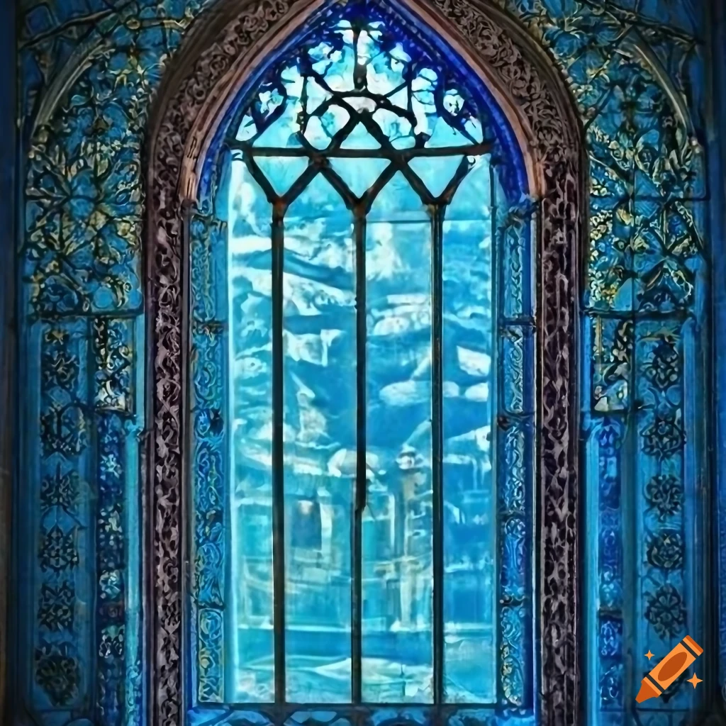 Blue gothic window with ornate islamic art on Craiyon