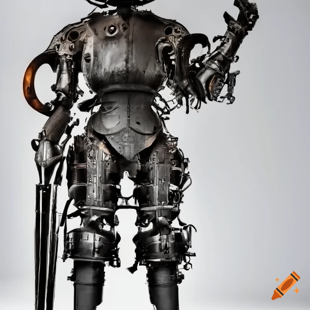 Photo of a robotic knight with steam locomotive texture armor on Craiyon