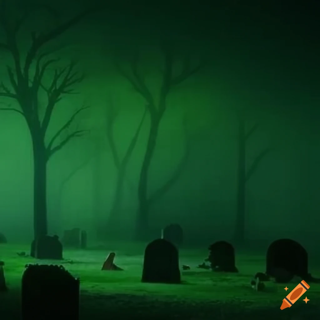 Eerie graveyard with green fog and a yellow moon