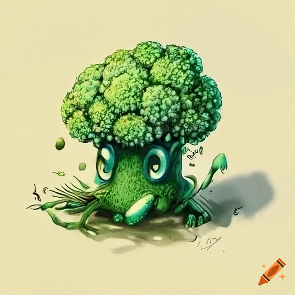 Pencil sketch of a whimsical burrowing broccoli creature