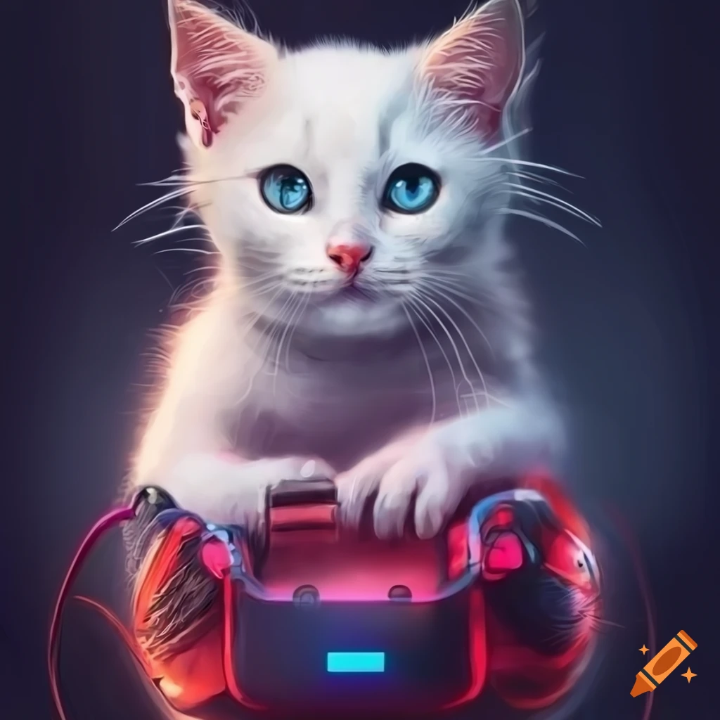 Cats playing video games with funny bulldog and glowing wires on Craiyon