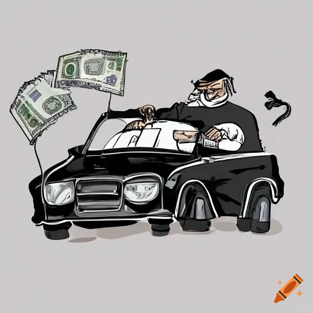 Image of a wealthy grandfather driving a black premium car with money ...