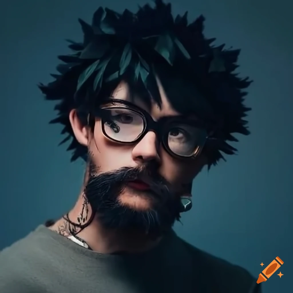 Artistic depiction of deku with a beard and glasses