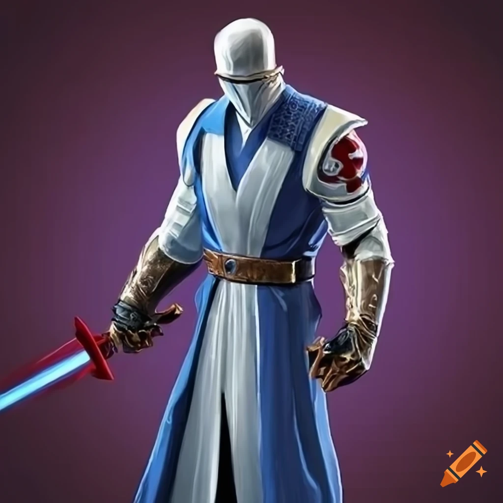 Blue and white knight warrior with a sword