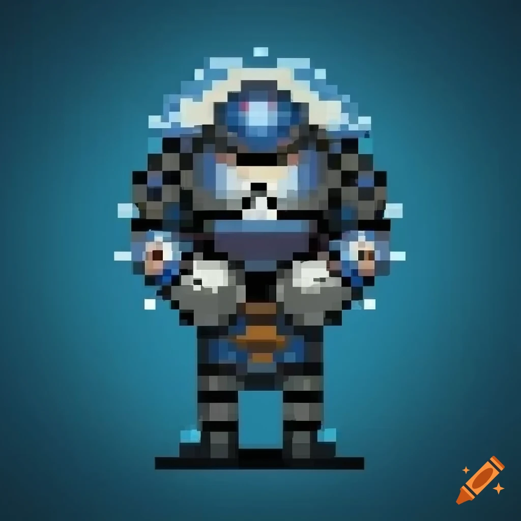 Pixel art of a heavily armored blue knight with a shield
