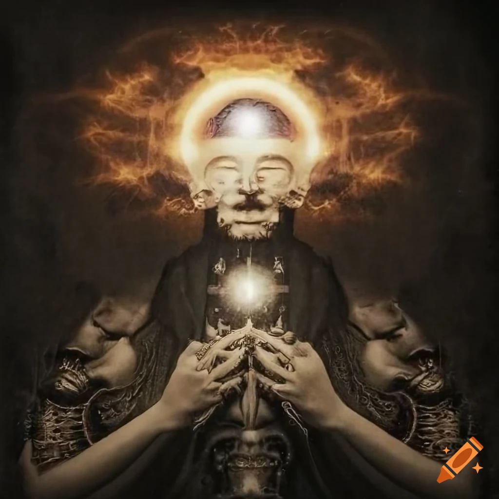 Photograph of a sacred art depicting a deity with a fractal fire halo ...